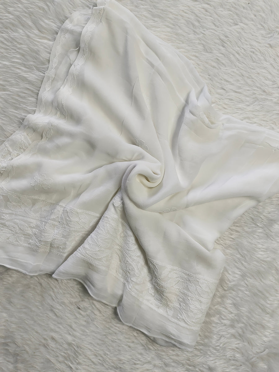 House of Oudh Lucknow Chikankari Handwork White Viscose Dupatta